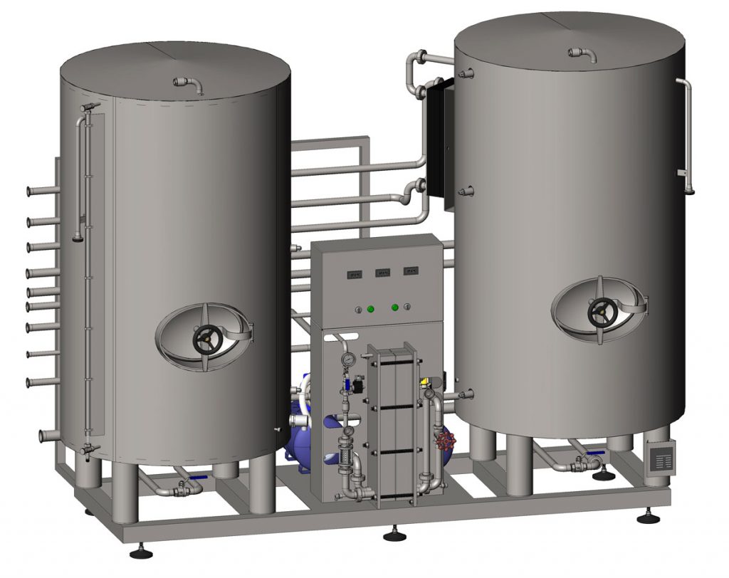 Compact wort cooling & aeration unit with cold & hot water tanks 2x1000L