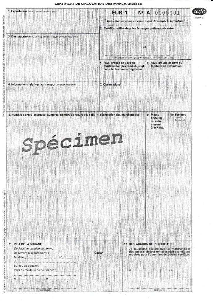 EUR1 : EUR.1 の移動証明書
